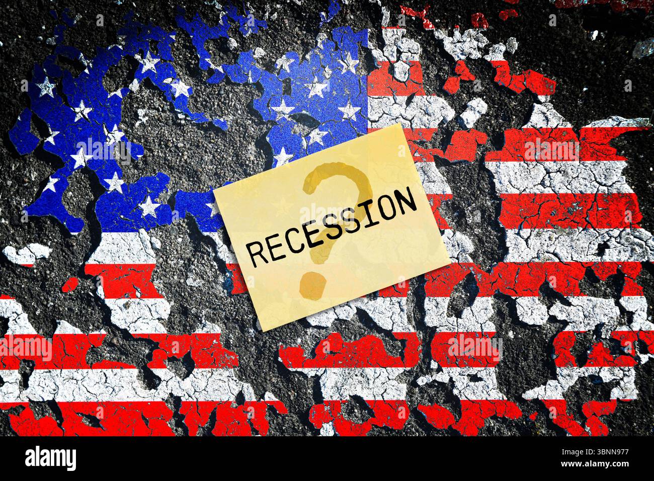 US flag on broken ground with note, question mark and inscription ...