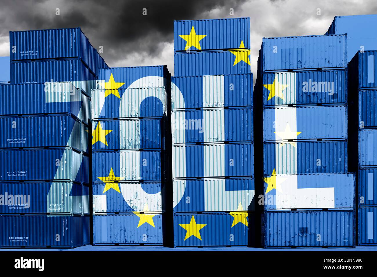 Stacked containers with EU flag and customs label, customs duties ...