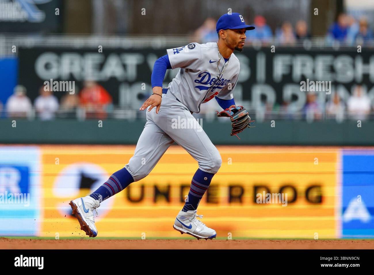 Mookie Betts #50 of the Los Angeles Dodgers in defensive position at ...
