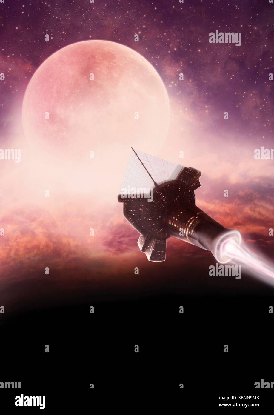 A spaceship in front of a huge moon, outer space, clouds Stock Photo ...
