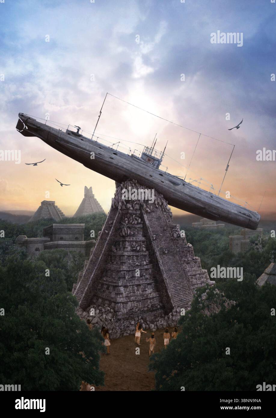 A submarine crashed into a Mayan pyramid in the jungle, cloudy sky ...
