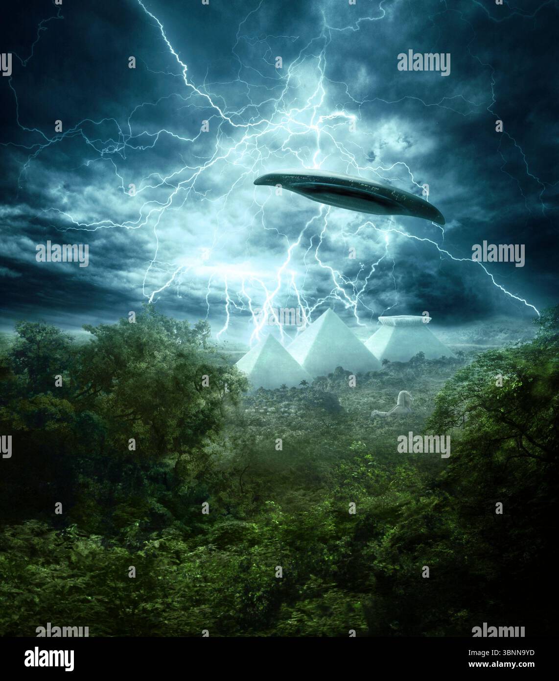 A UFO over the pyramids of Giza and the Sphinx, jungle, trees ...