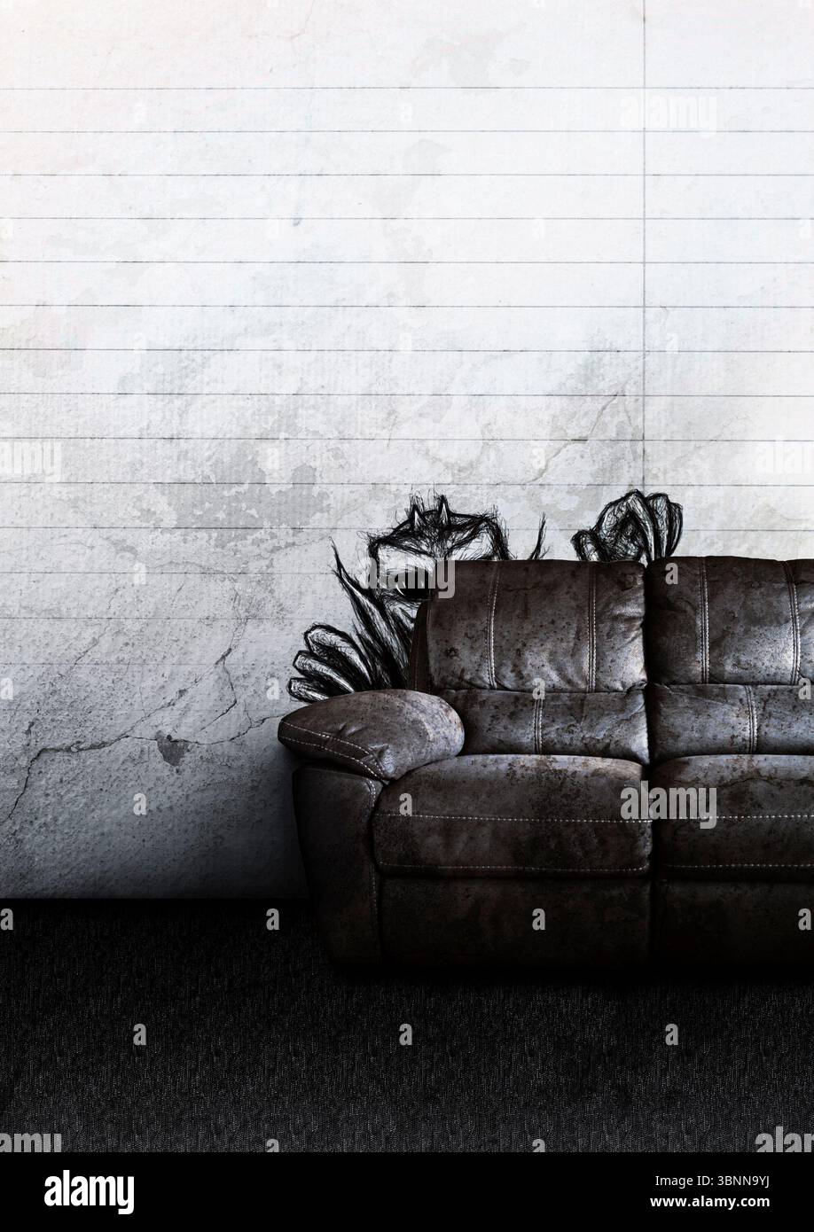 A drawn monster behind the couch Stock Photo - Alamy