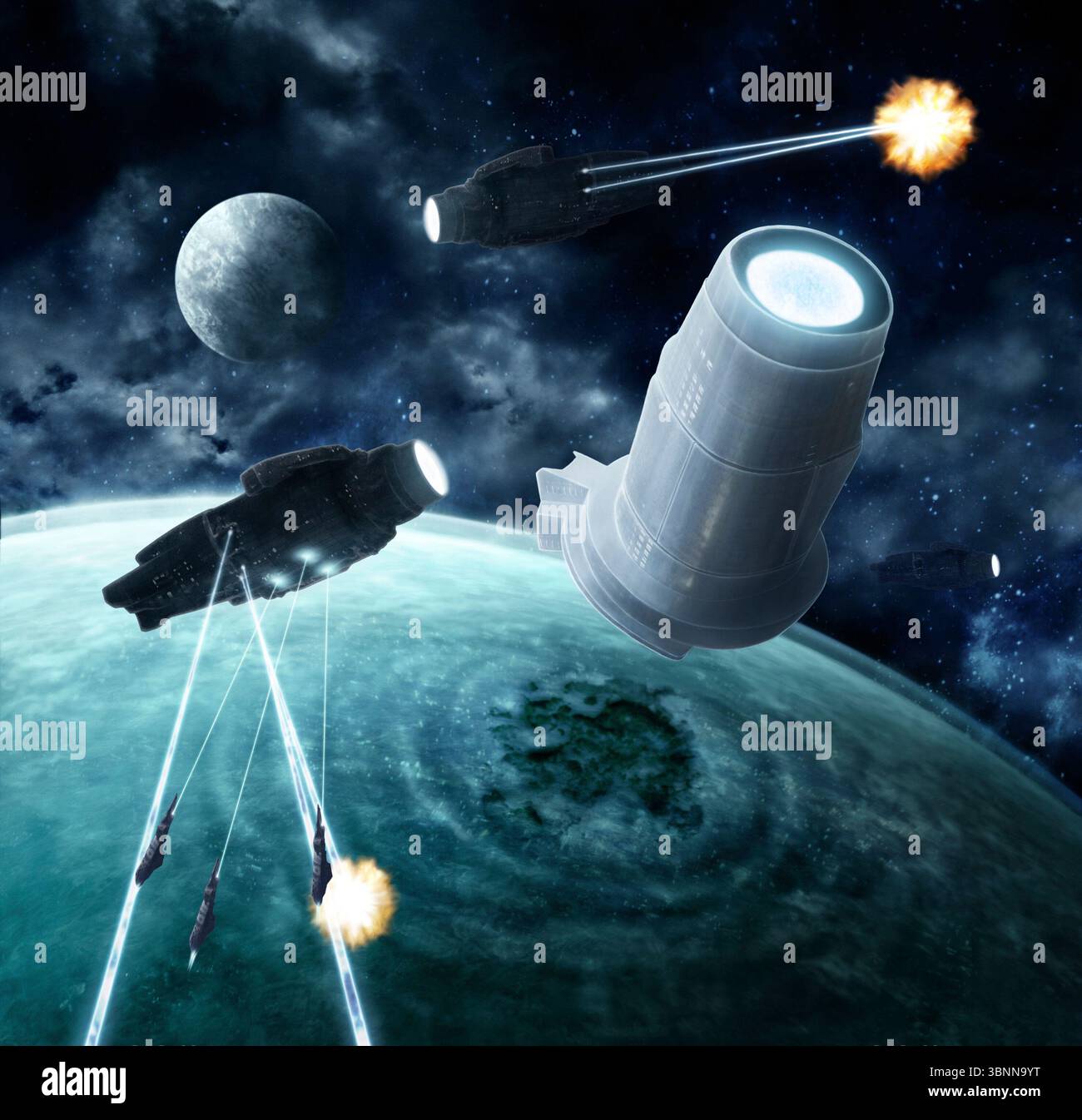 Attack in space, spaceships, laser beams, planet, moon, stars Stock ...