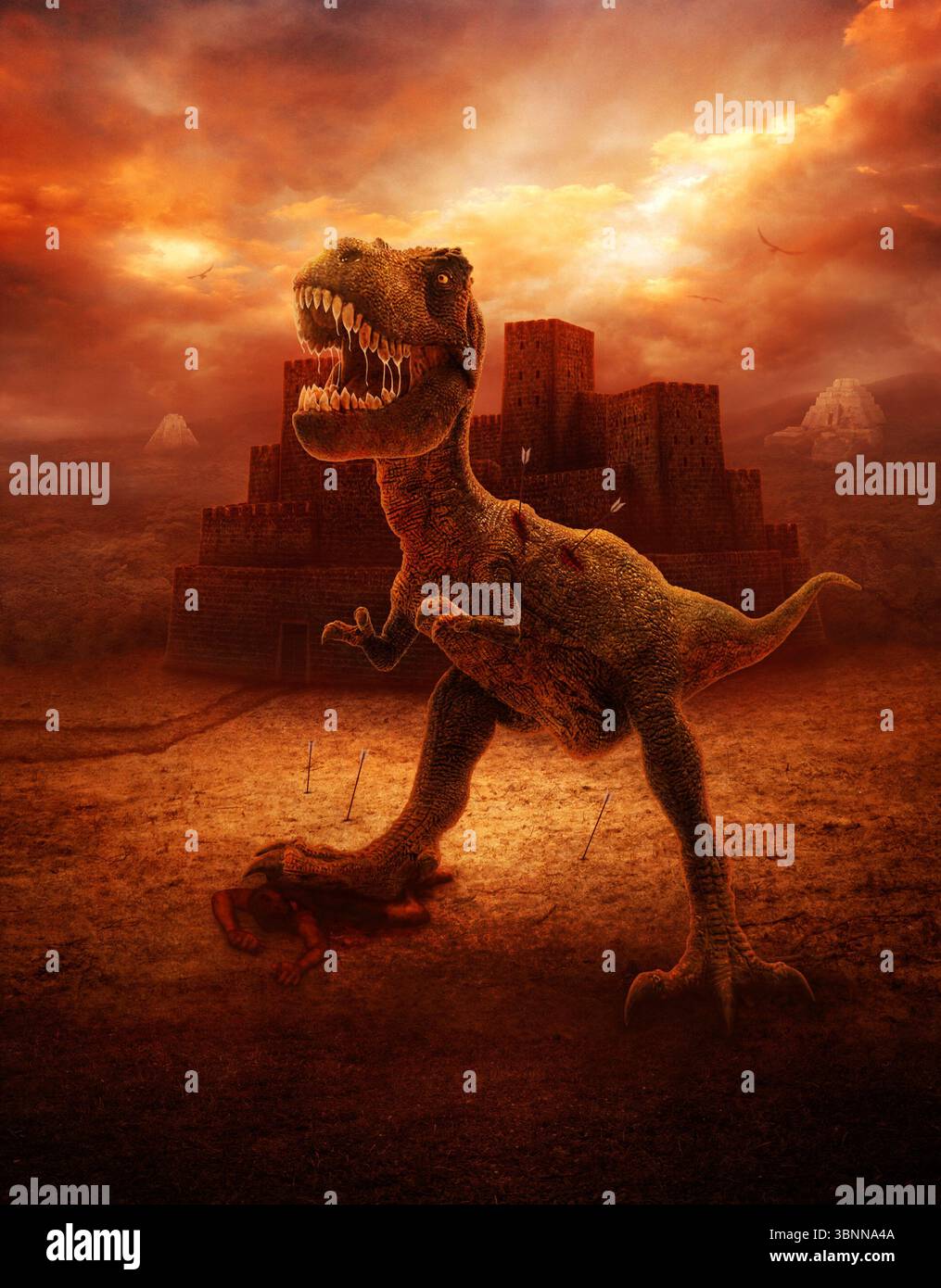 A dinosaur with a dead human under its foot in front of a medieval ...