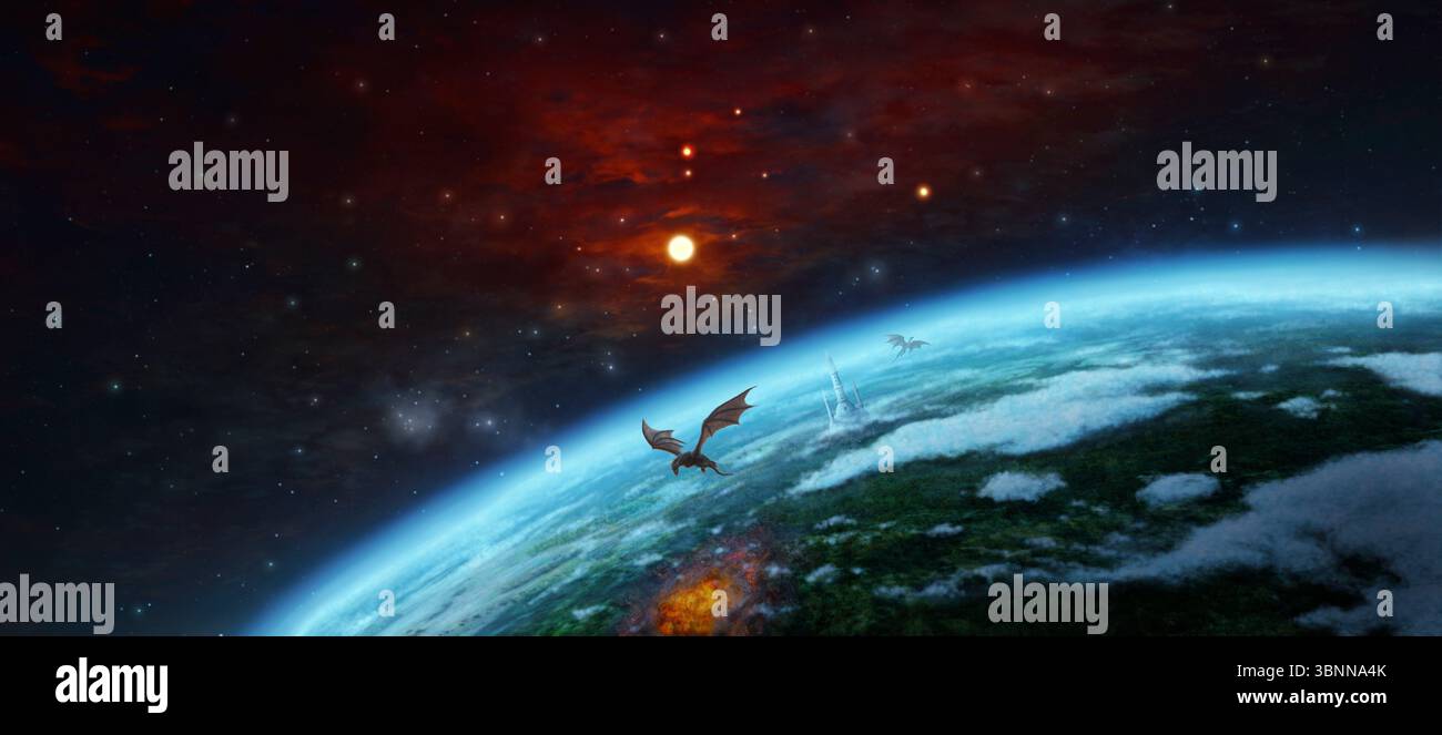 The view from space of a fantasy planet with palaces, dragons and a ...