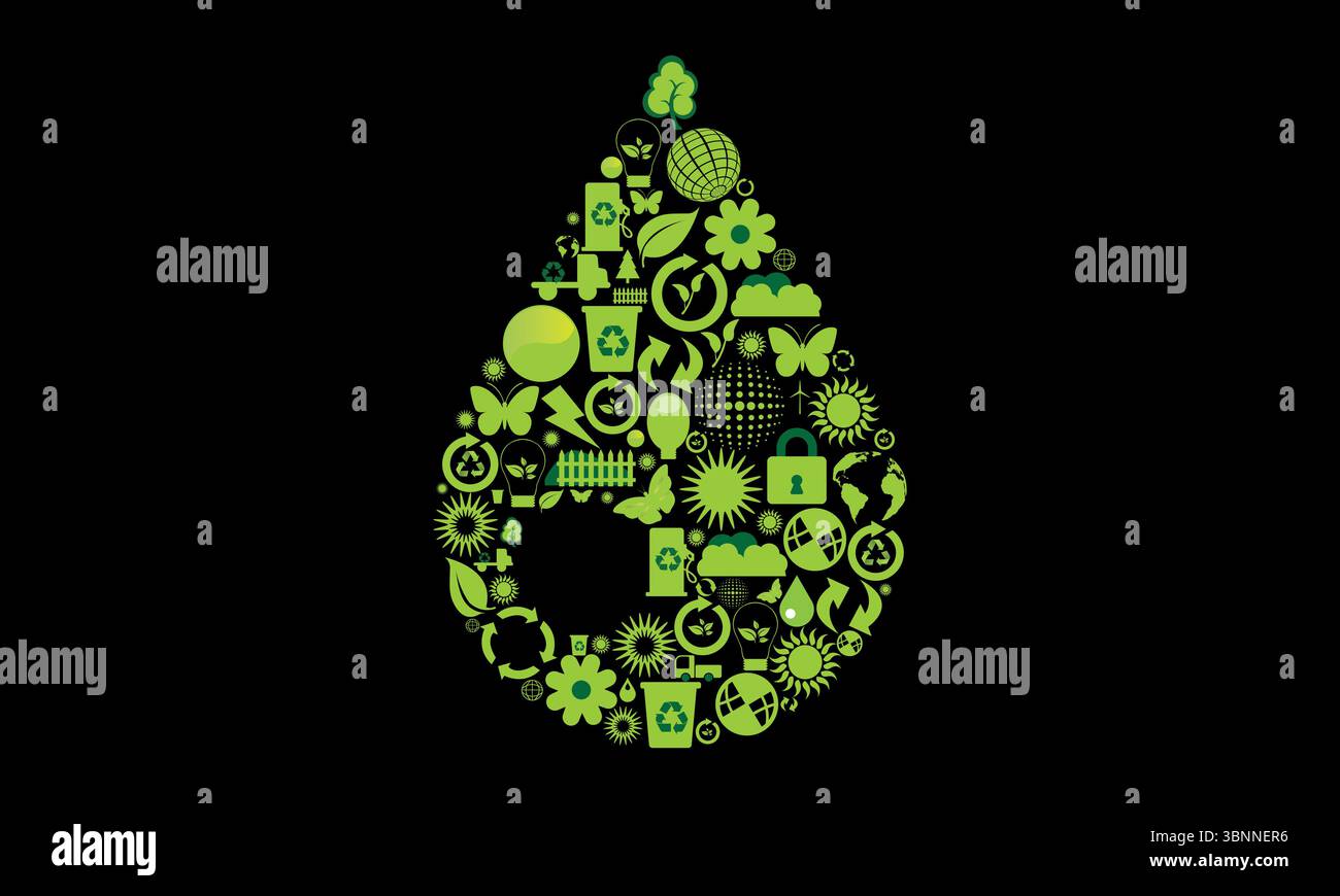 Illustration with various environmental symbols on dark background ...