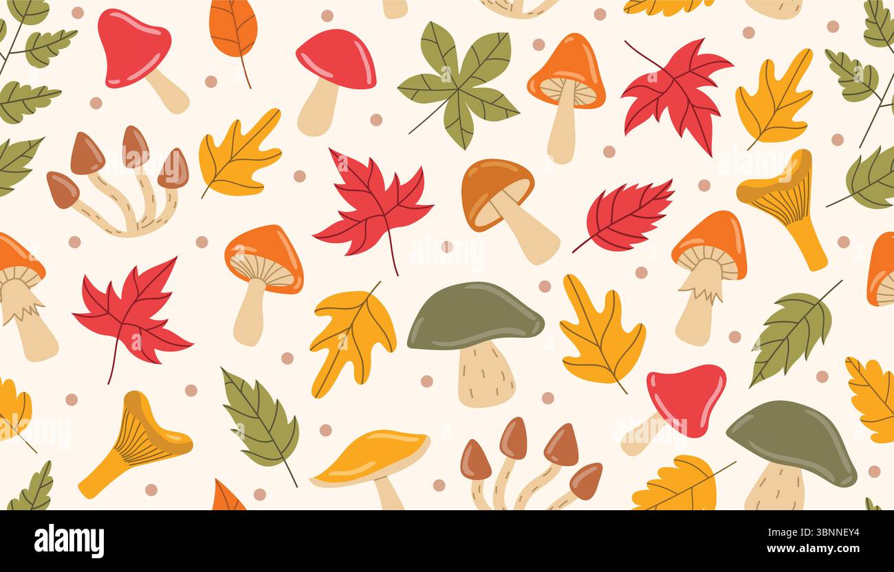 Cute autumn seamless pattern with leaf, mushroom and tiny dot in messy ...