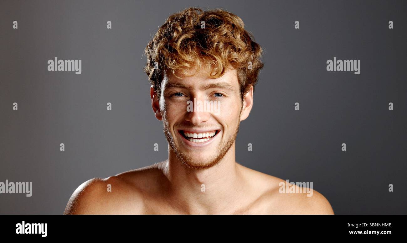 Man, beauty and laugh in portrait for skincare, mockup and dermatology ...