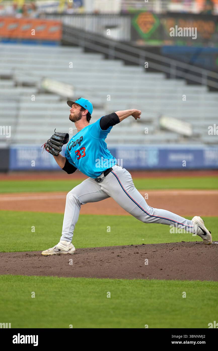 Beloit Sky Carp pitcher Thomas White (33) delivers a pitch during an ...