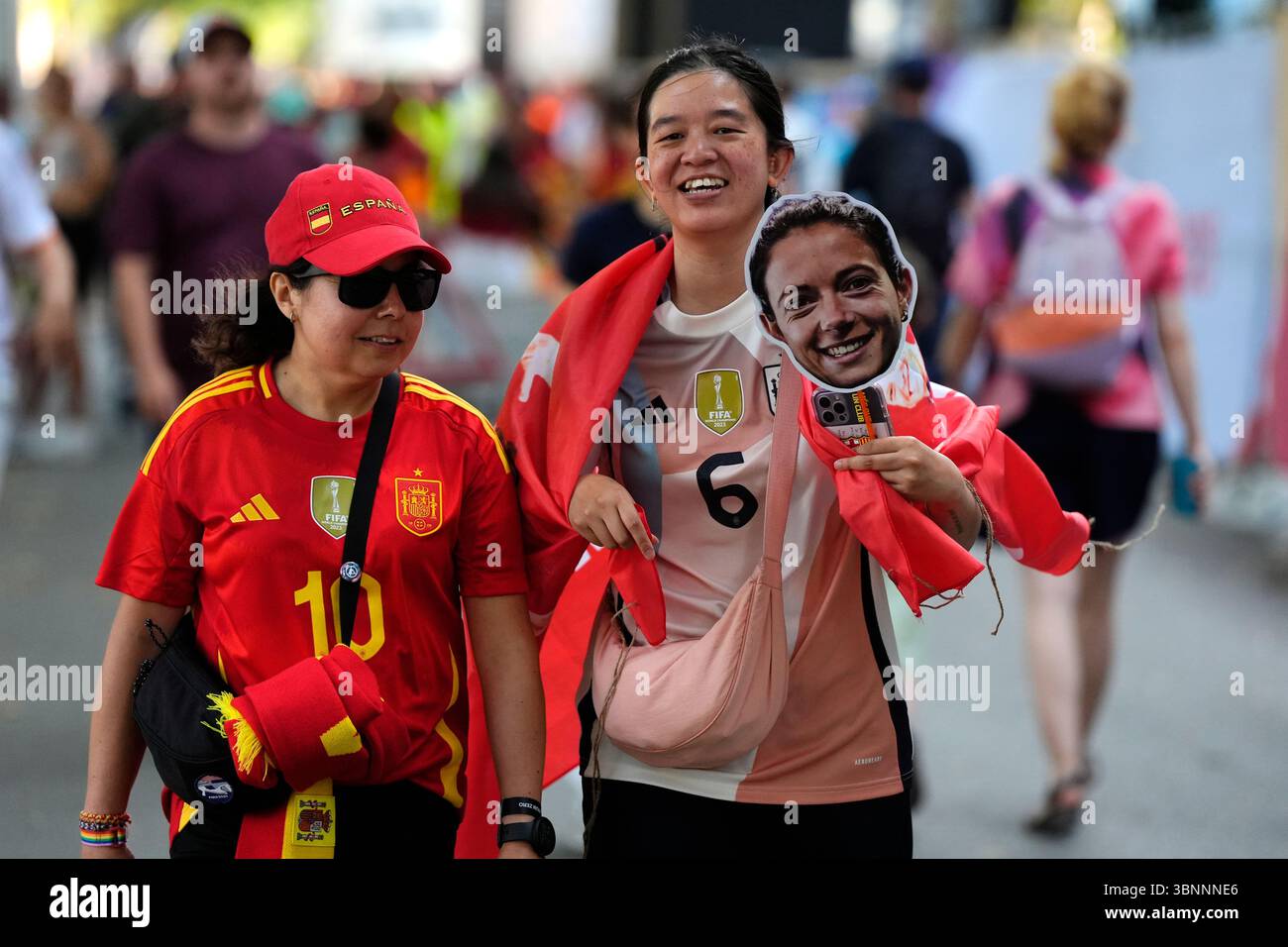 Spain fans with a hand sign of Spain's Aitana Bonmati before the UEFA ...