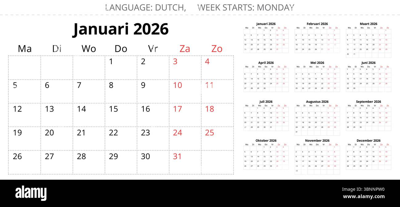 Dutch calendar planner for 2026. Vector illustration set for Dutch. 12 ...