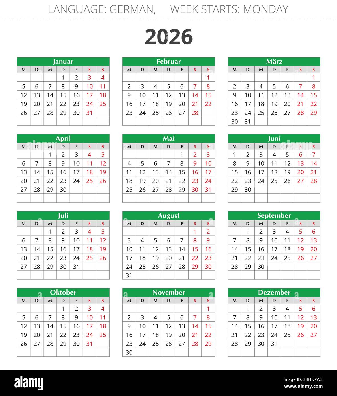 GERMAN calendar for 2026 year. Vector illustration for Germany ...