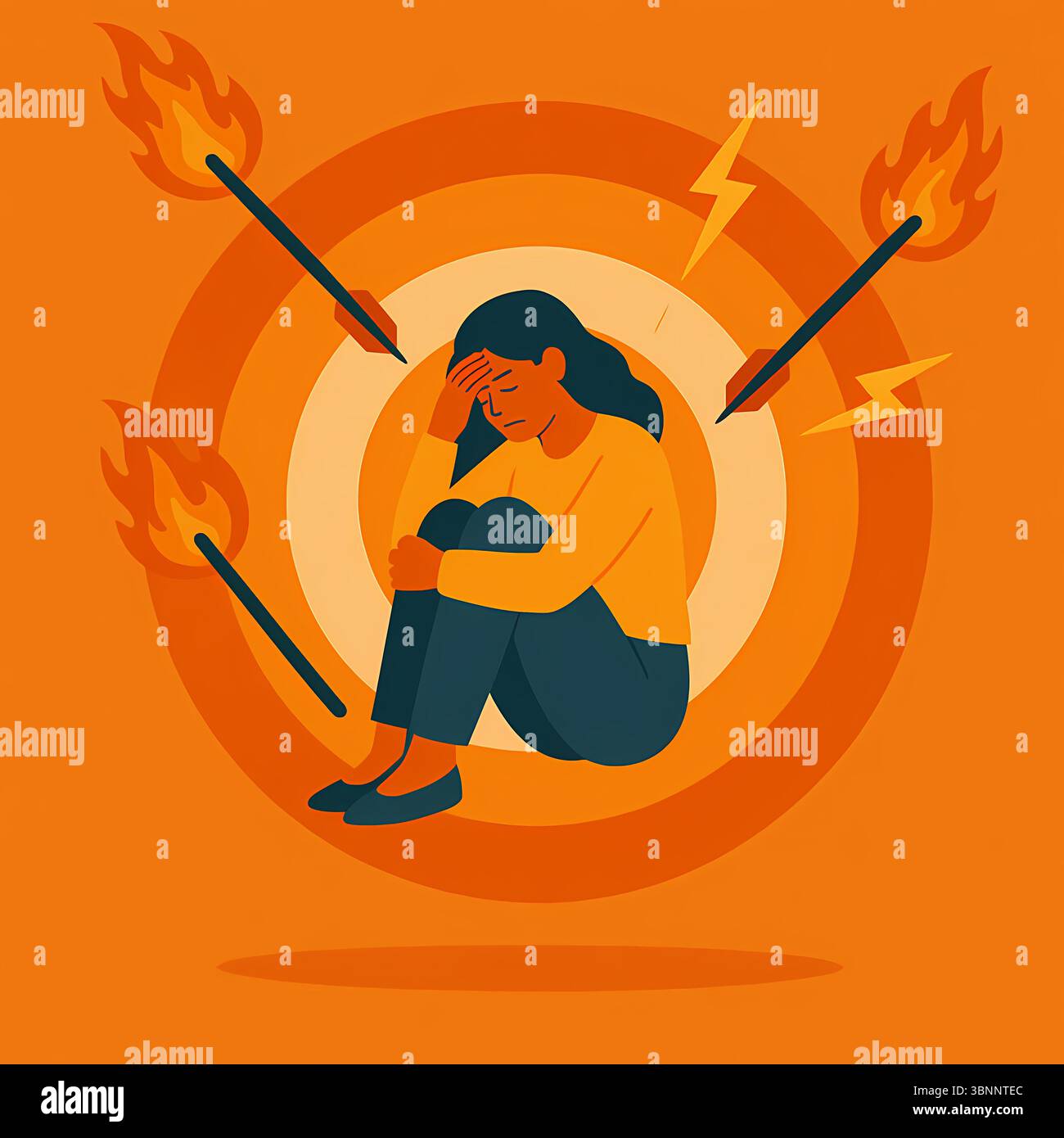 Woman as Target of Burnout, Surrounded by Flaming Arrows, Flat Vector ...