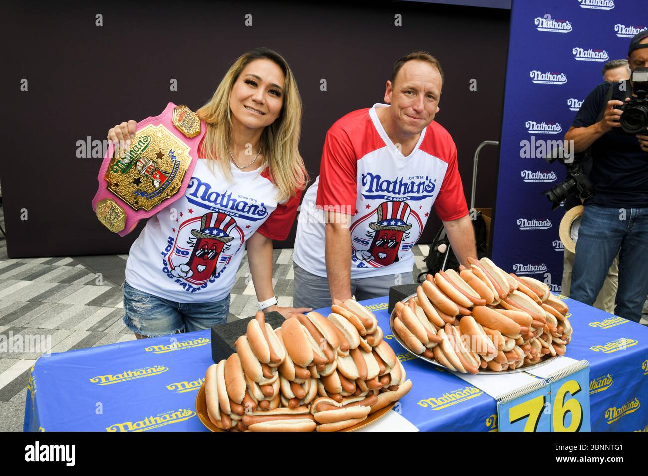 New York, USA. 03rd July, 2025. Miki Sudo and Joey Chestnut attend the ...