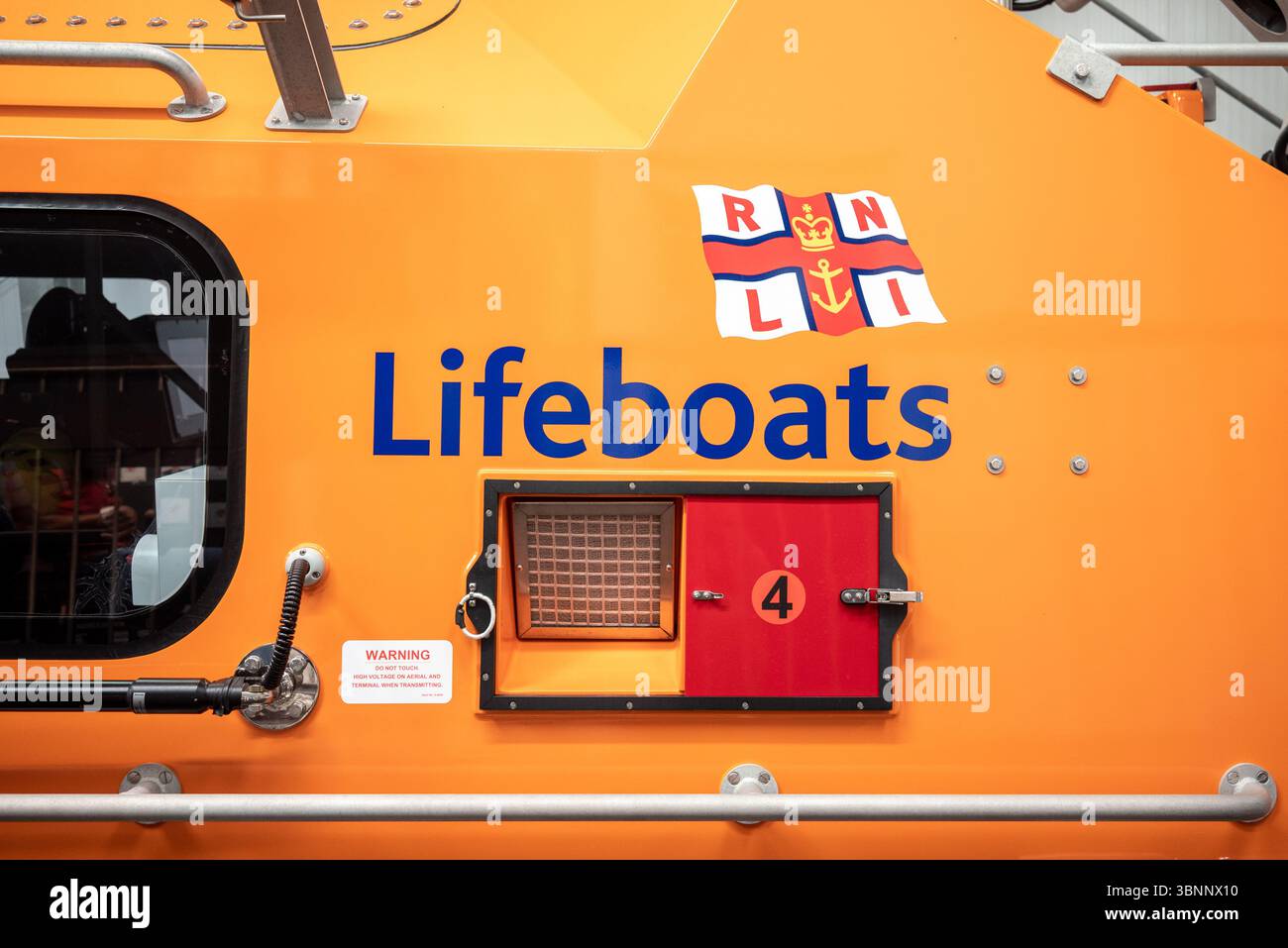 Detail of an RNLI Shannon class lifeboat with RNLI lifeboat flag Stock ...