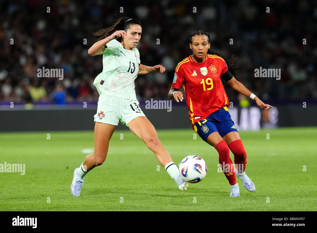 Portugal's Fatima Pinto (left) and Spain's Vicky Lopez battle for the ...