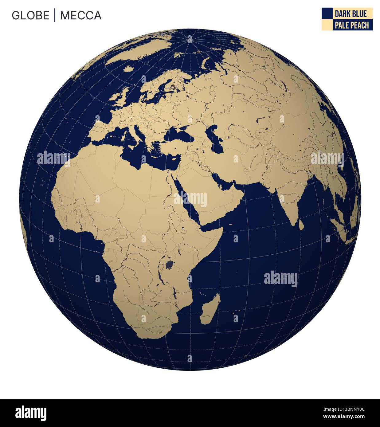 Vector Globe centered to Mecca. Dark Blue Pale Peach palette. World map ...