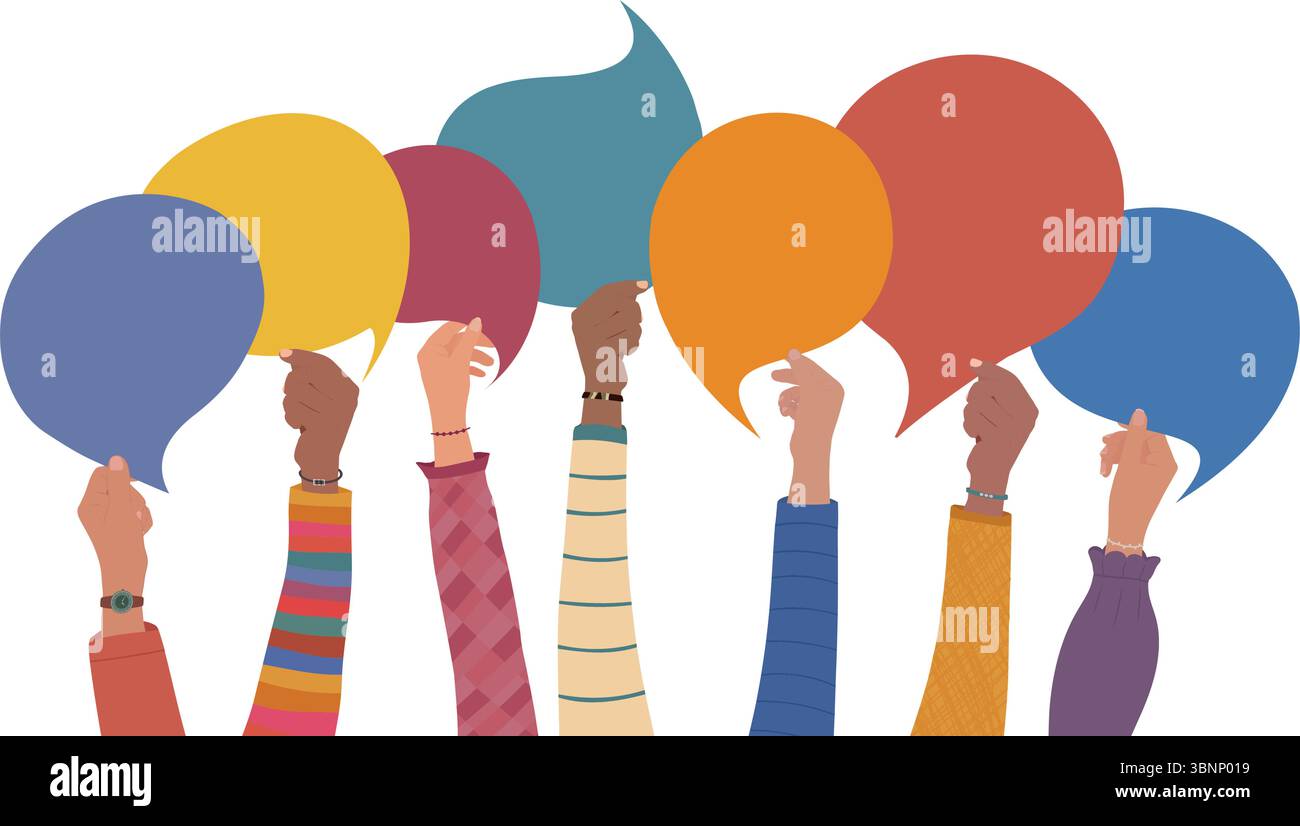 Raised hands holding speech bubbles symbolizing diversity inclusion and ...