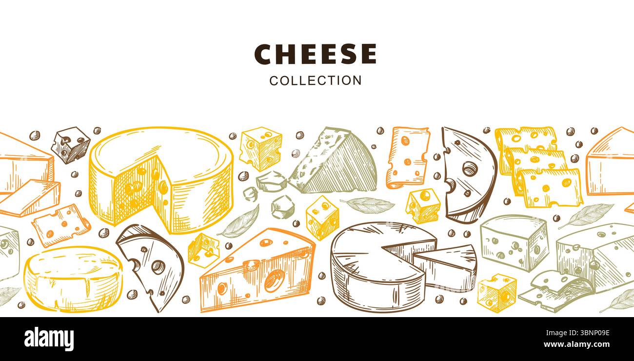 Seamless horizontal background with assorted cheeses. Vector hand drawn ...
