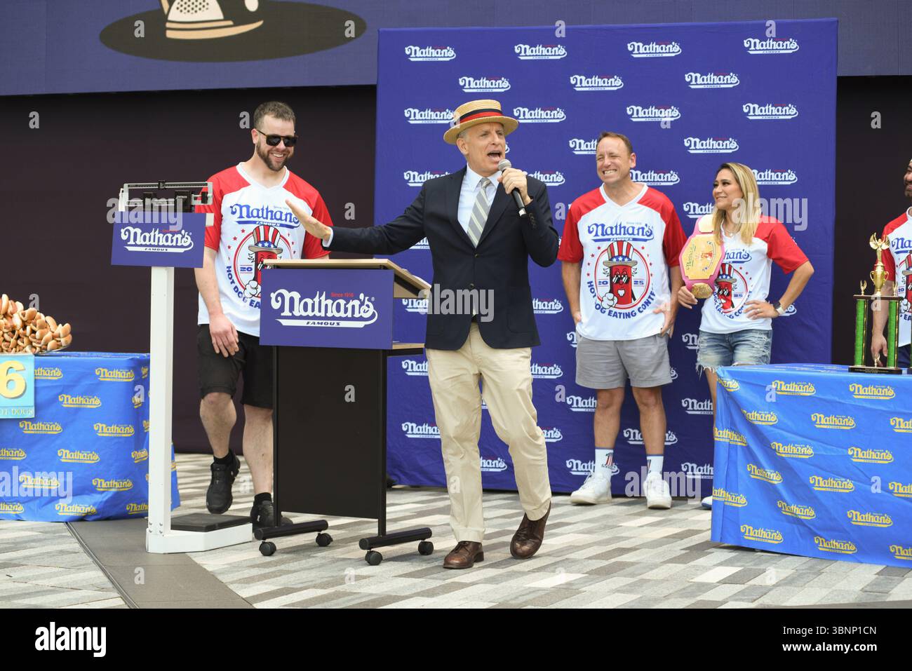 Patrick Bertoletti, George Shea, Joey Chestnut and Miki Sudo attend the ...