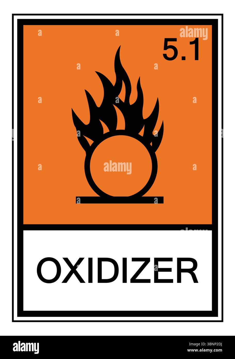 This image features an oxidizer hazard symbol, depicting a flame above ...