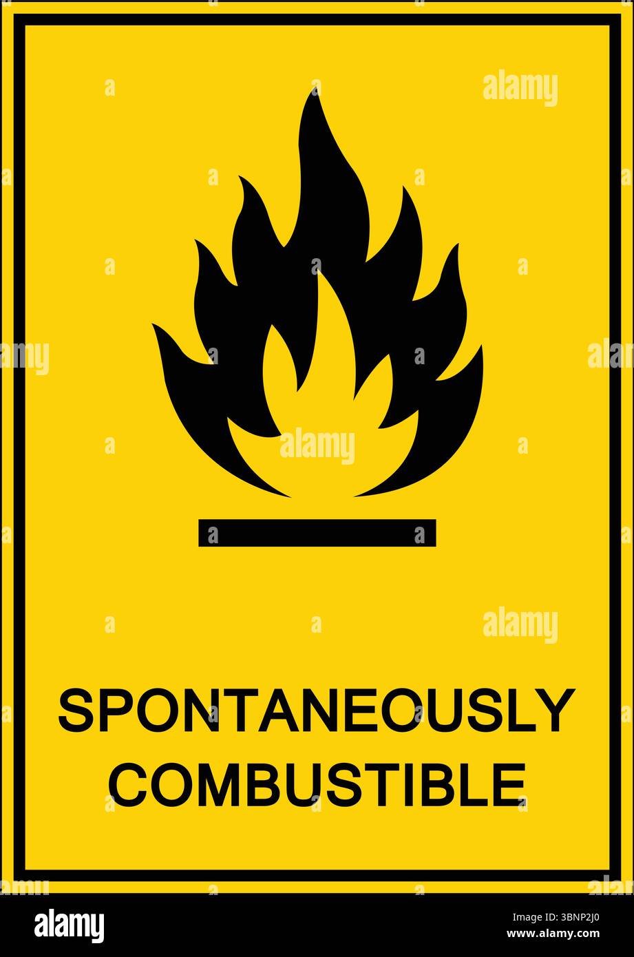 This image features a warning sign depicting a flame on a bright yellow ...