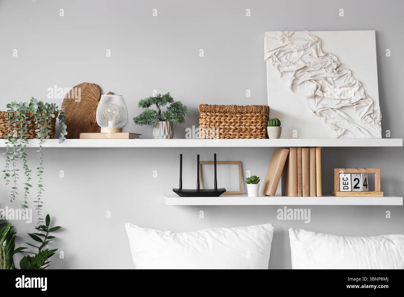 Modern wi-fi router with books and plants on hanging shelves in room ...