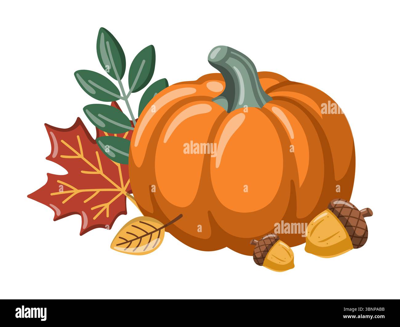 Orange pumpkin, autumn leaves and acorns. Autumn illustration. Cozy ...