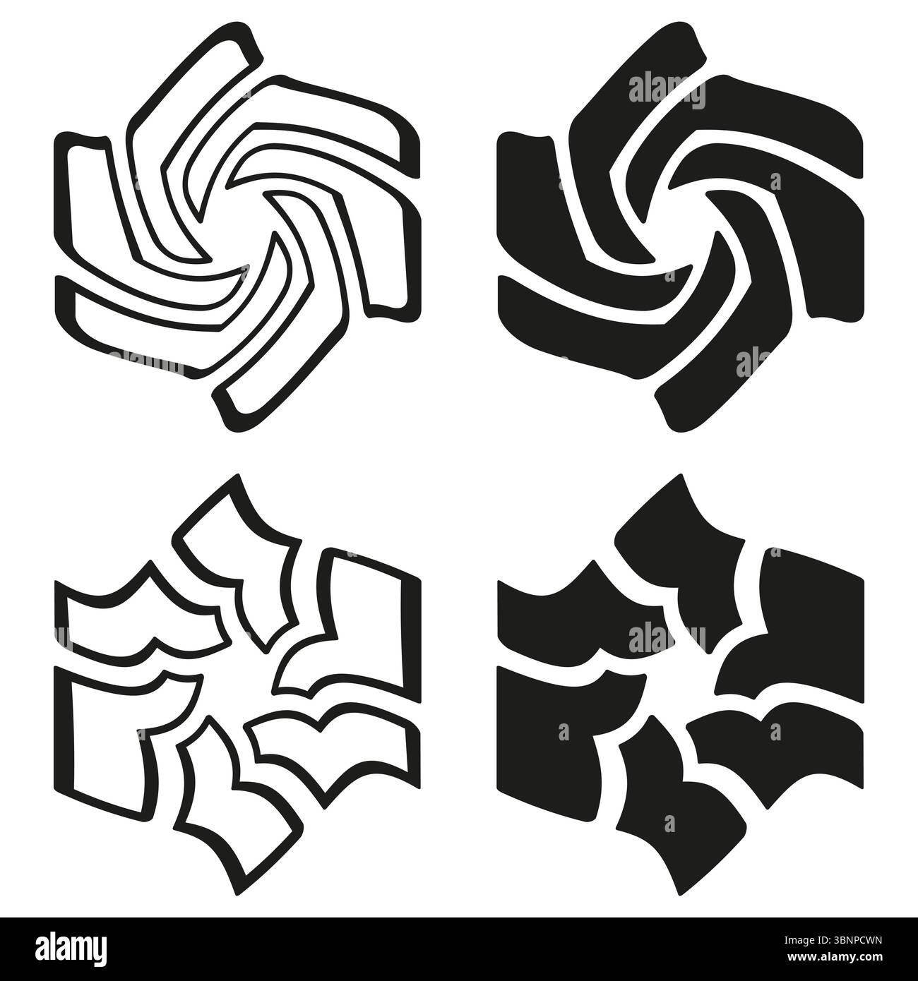 Four abstract shapes. Curved spiral icons. Black white design ...