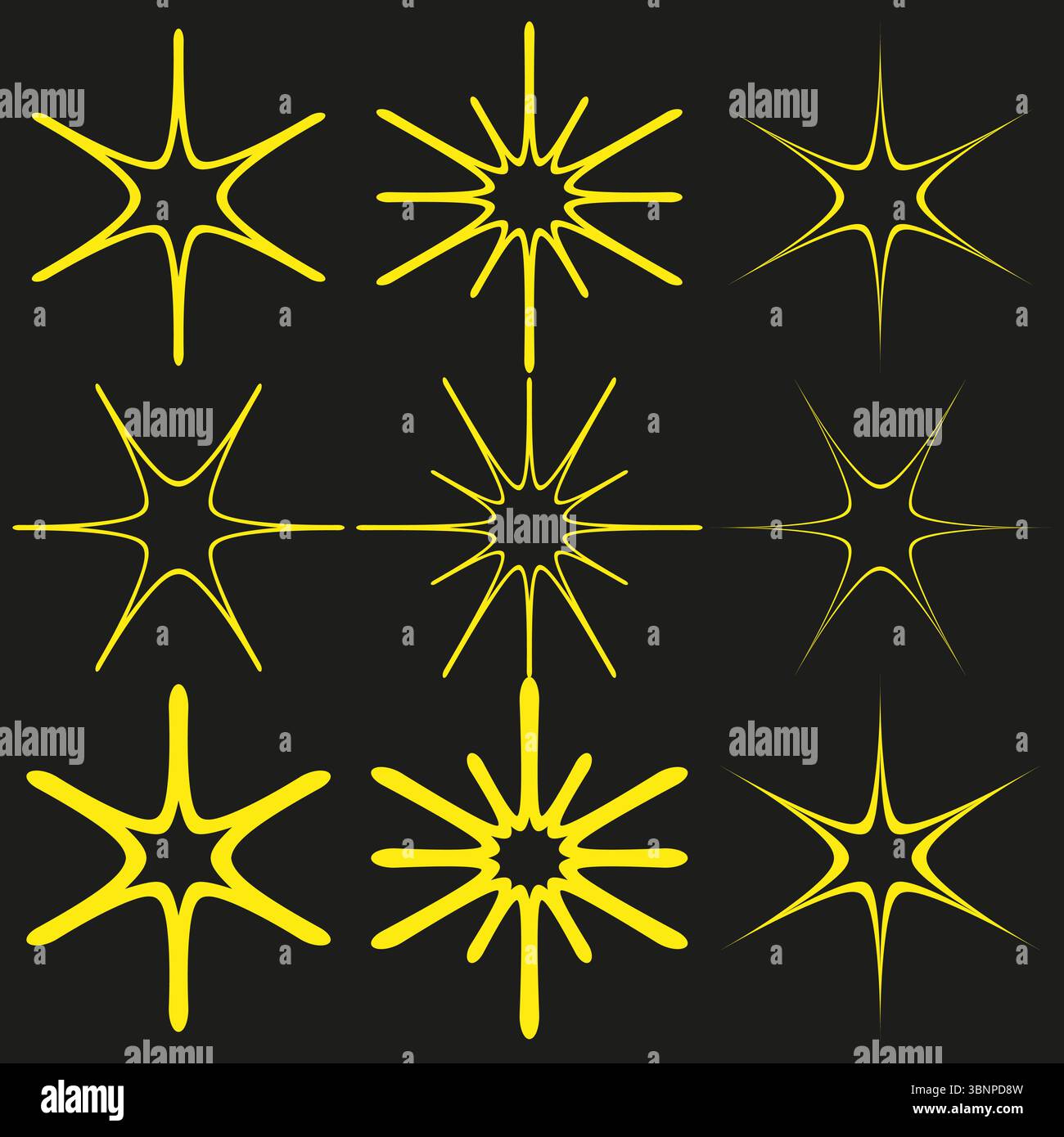 Bright yellow stars. Cartoon explosion shapes. Black background. Vector ...
