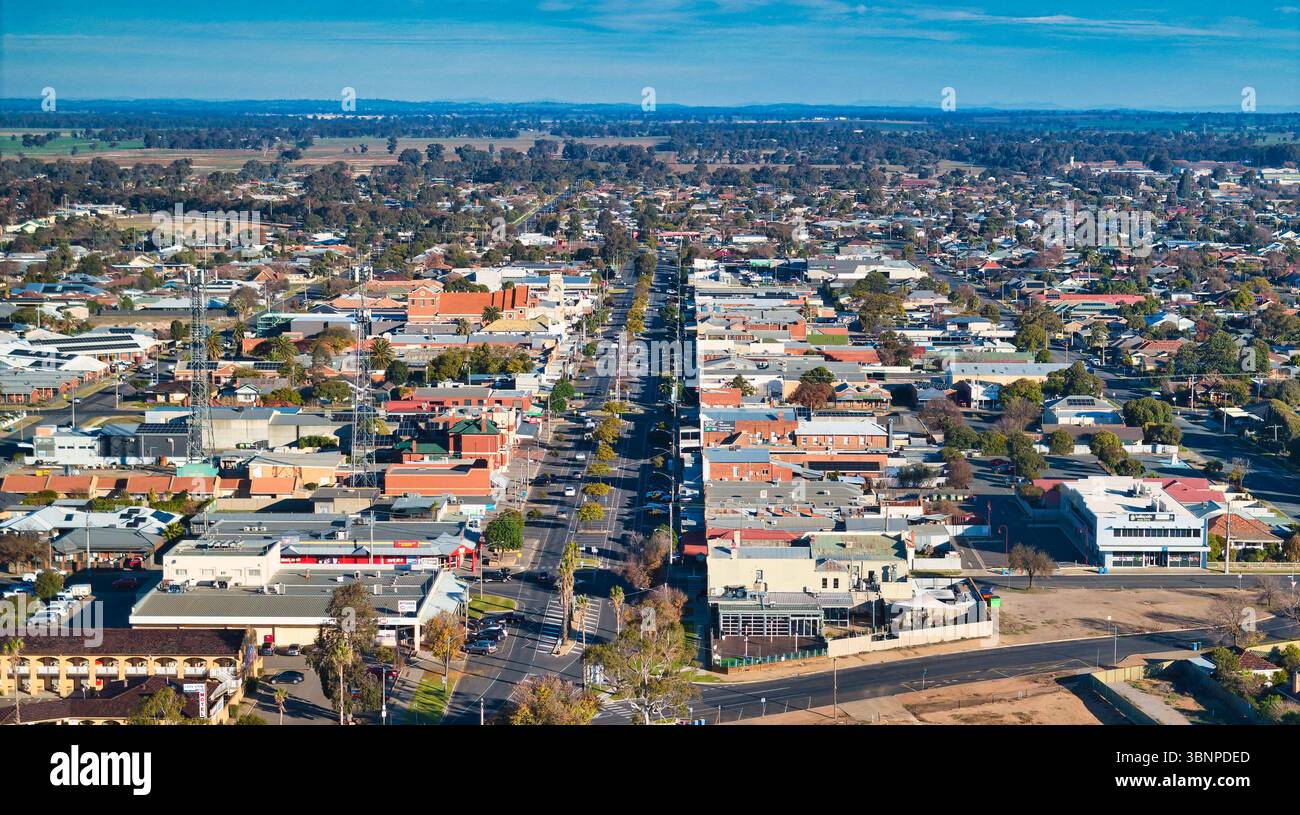 Aerial perspective of Yarrawonga town centre featuring long straight ...