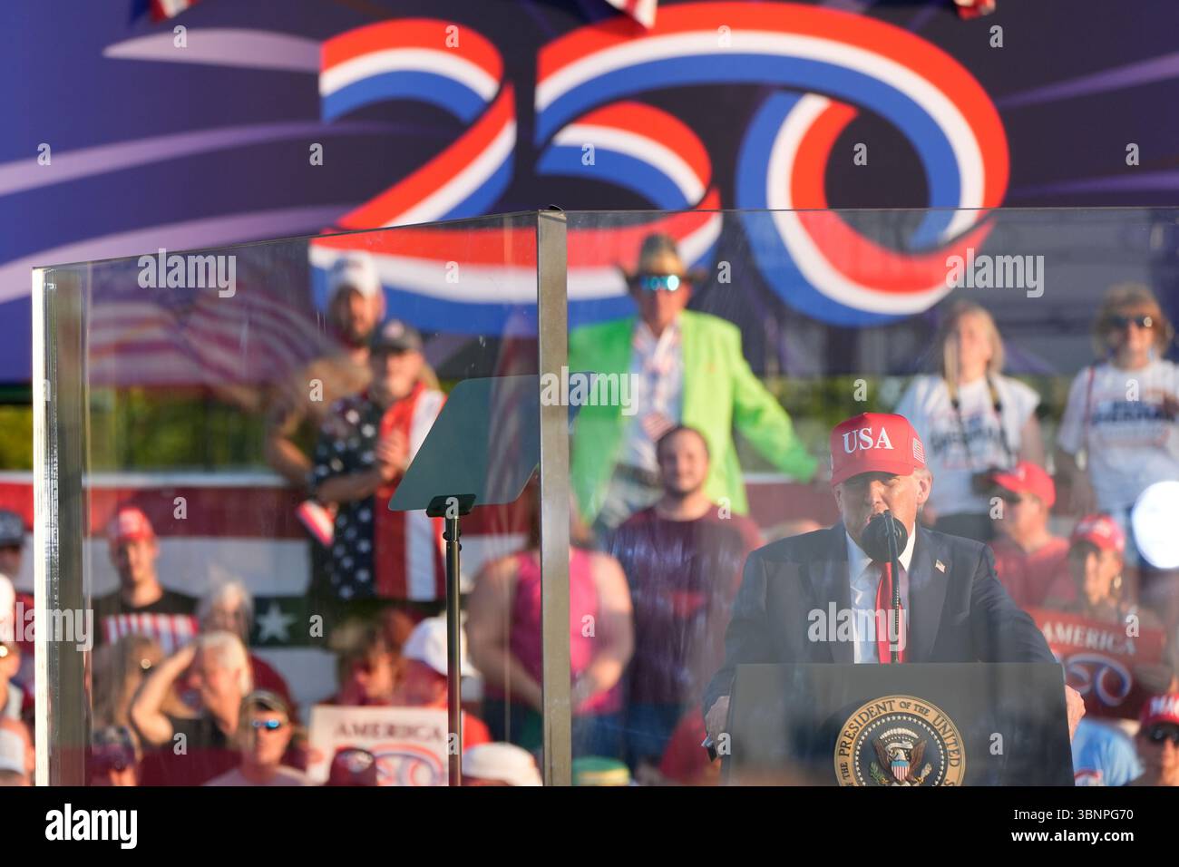 President Donald Trump speaks at a rally at the Iowa State Fairgrounds ...