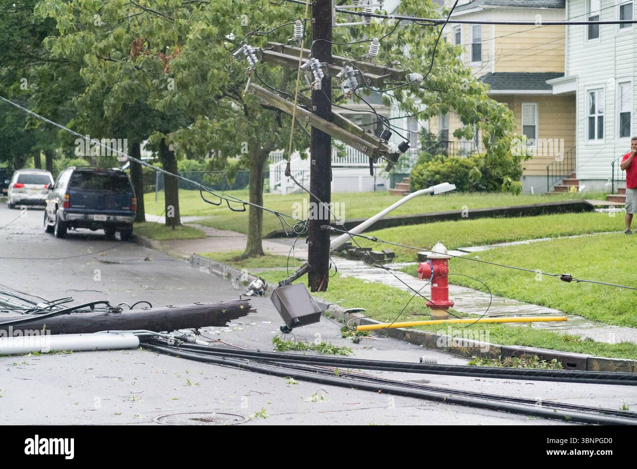 July 3, 2025, Plainfield, New Jersey, U.S: Power lines are shown destroyed by a heavy storm that ...