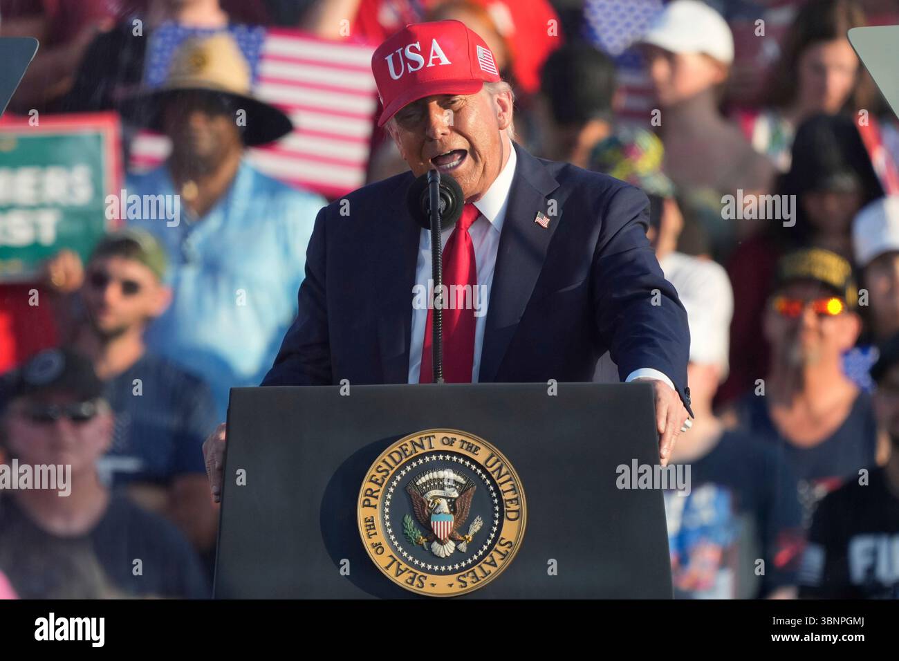 President Donald Trump speaks at a rally at the Iowa State Fairgrounds ...