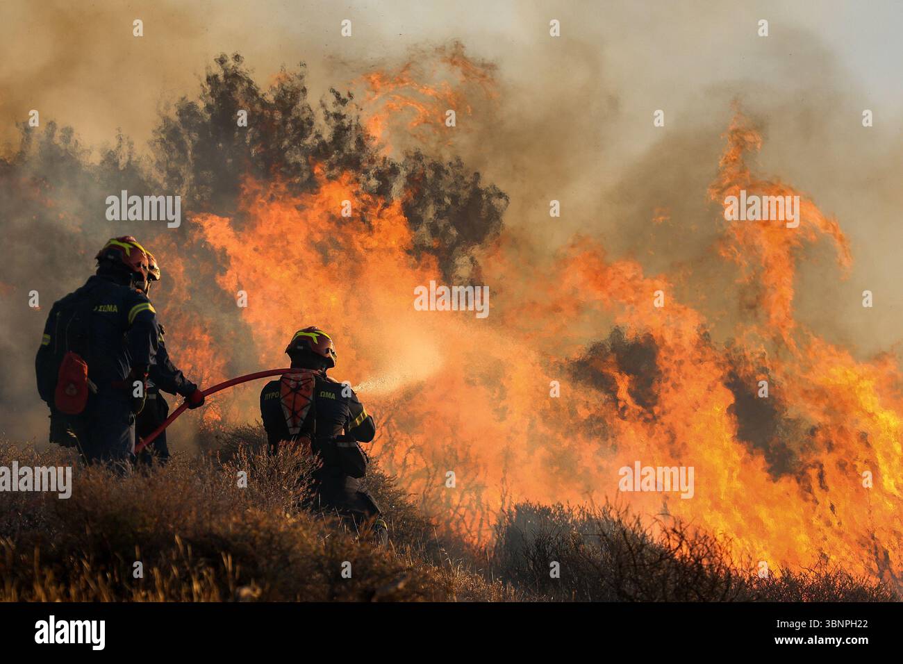 (250704) -- BEIJING, July 4, 2025 (Xinhua) -- Firefighters battle the ...