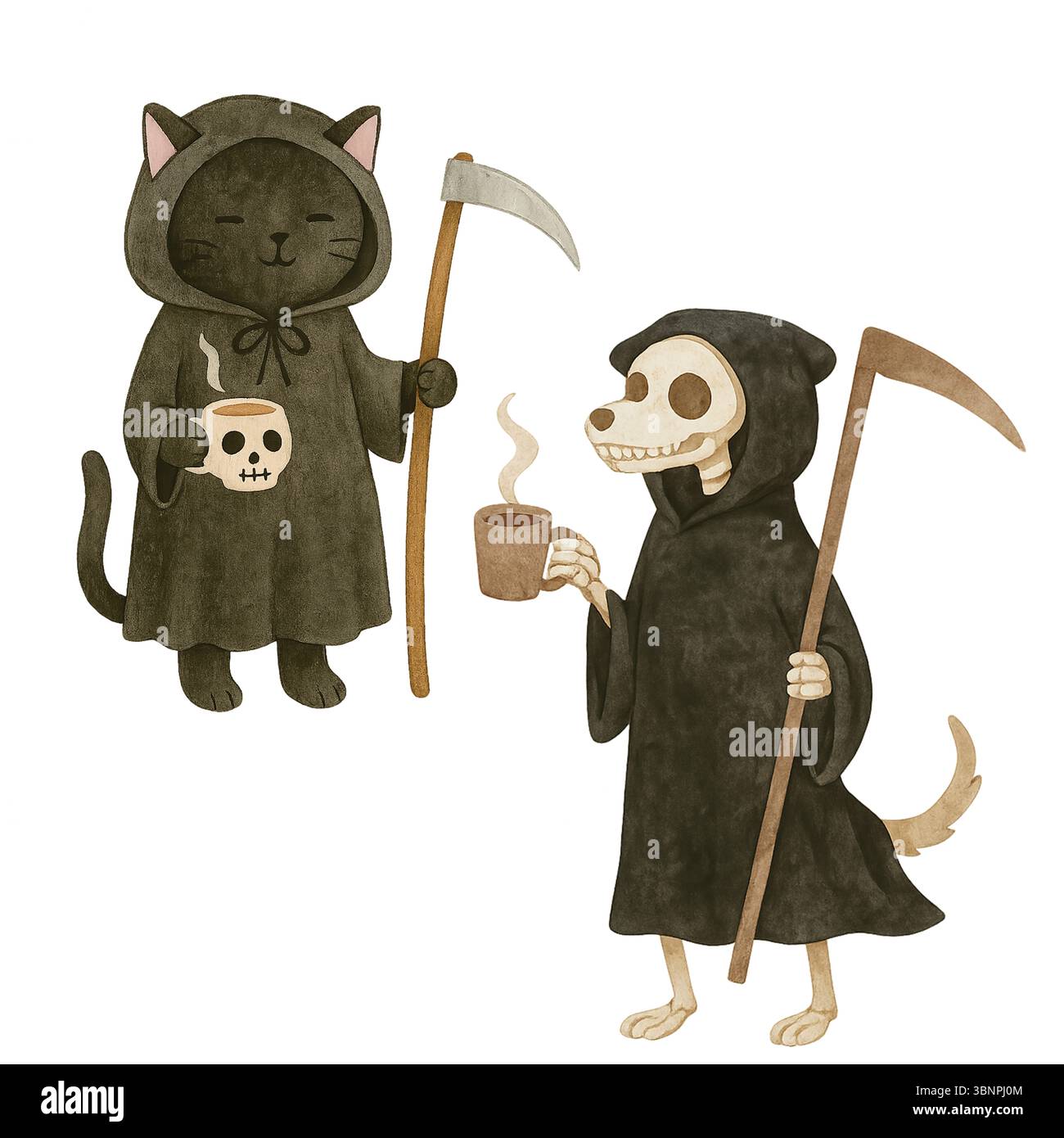 Grim Reaper Cat and Skeleton – Cute Halloween Duo Illustration Stock ...