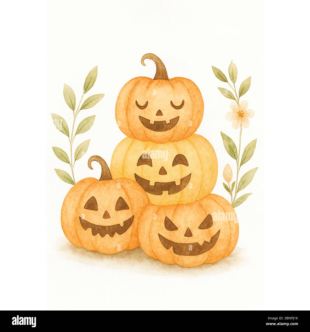 Stack of Cute Halloween Pumpkins with Leaves – Autumn Illustration ...