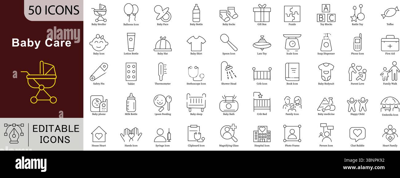 Baby Care Line Icons: Newborn, Nursery, Parenthood and Childhood ...