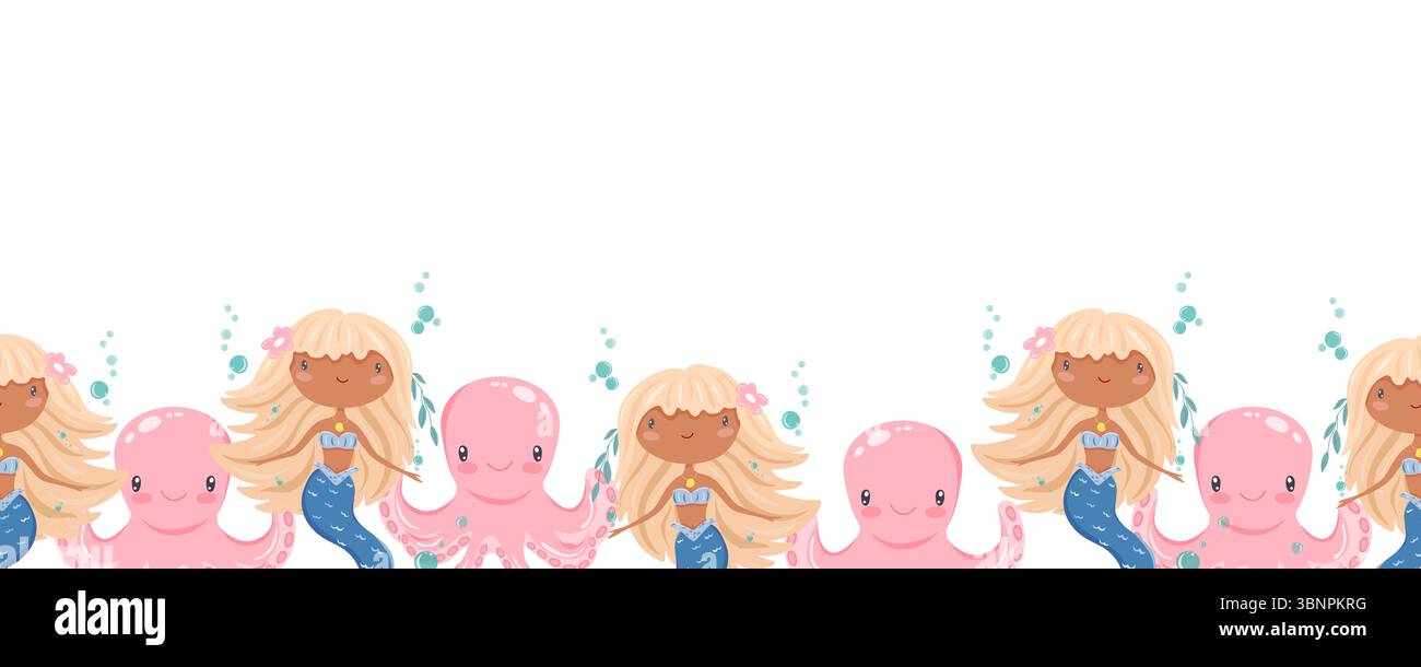 Seamless border with blonde mermaids and octopuses Stock Vector Image ...