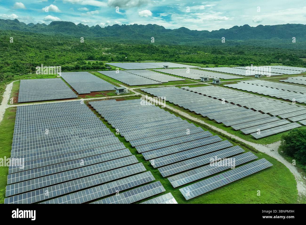 Aerial view of solar farm. Sustainable renewable energy and modern ...
