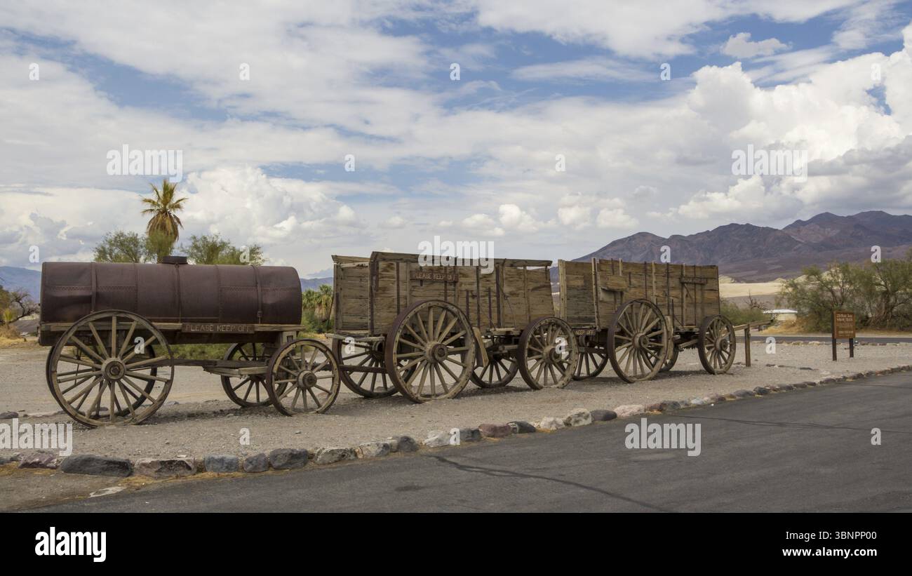 Old historic wagons parked at campsite in Death Valley National Park ...
