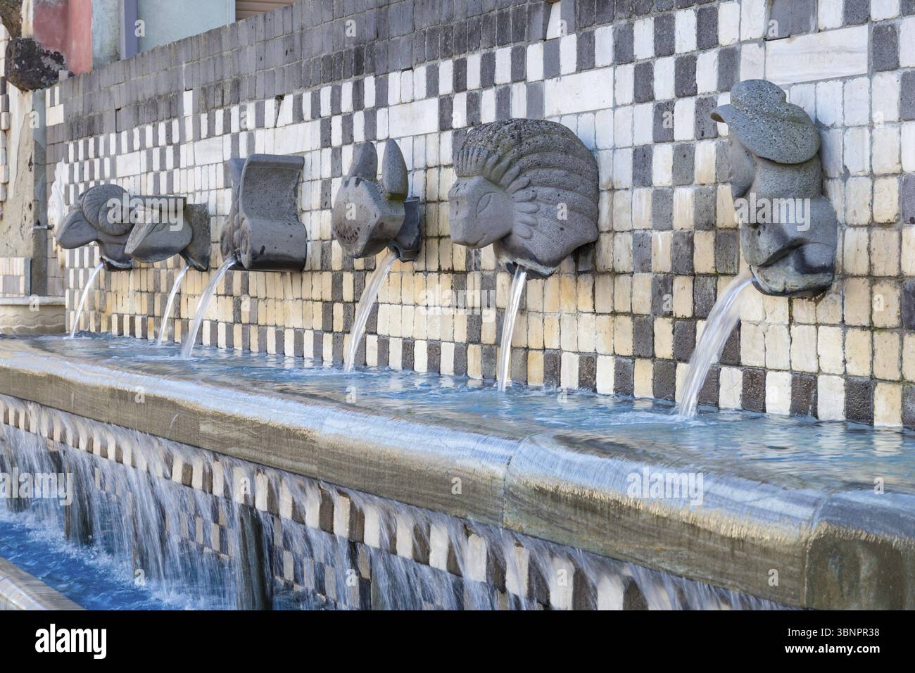 Ancient Italian water fountain with sculptures of spitting animal heads ...