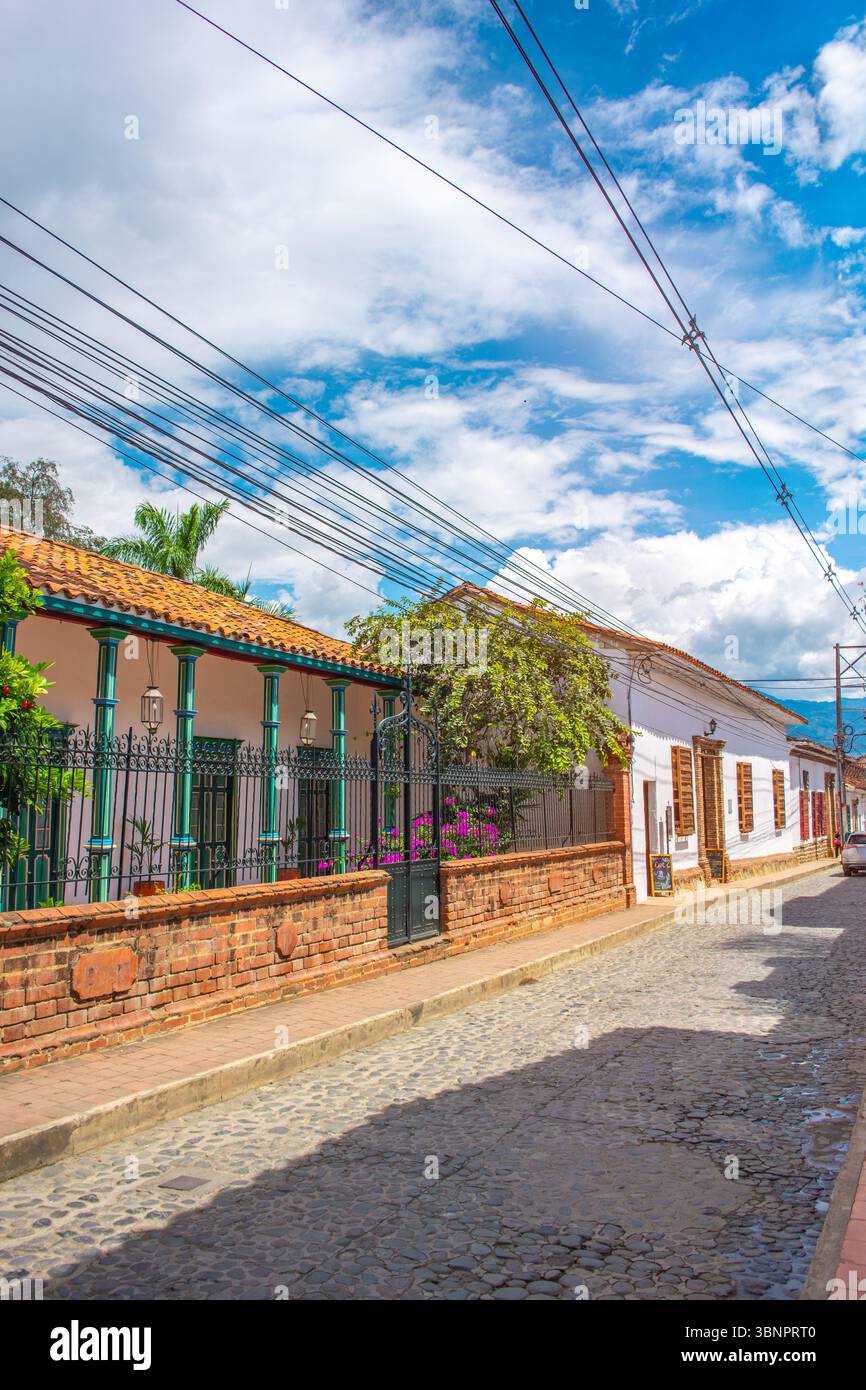 Charming view of a cobblestone street lined with colonial architecture ...