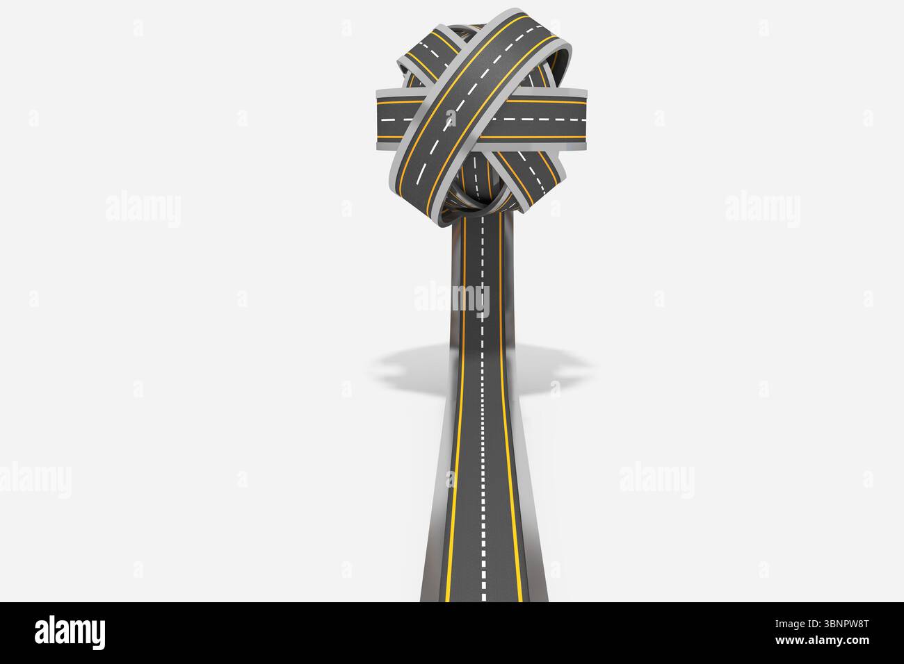 Knotted road is looping in 3D render on white background, dashed lines ...