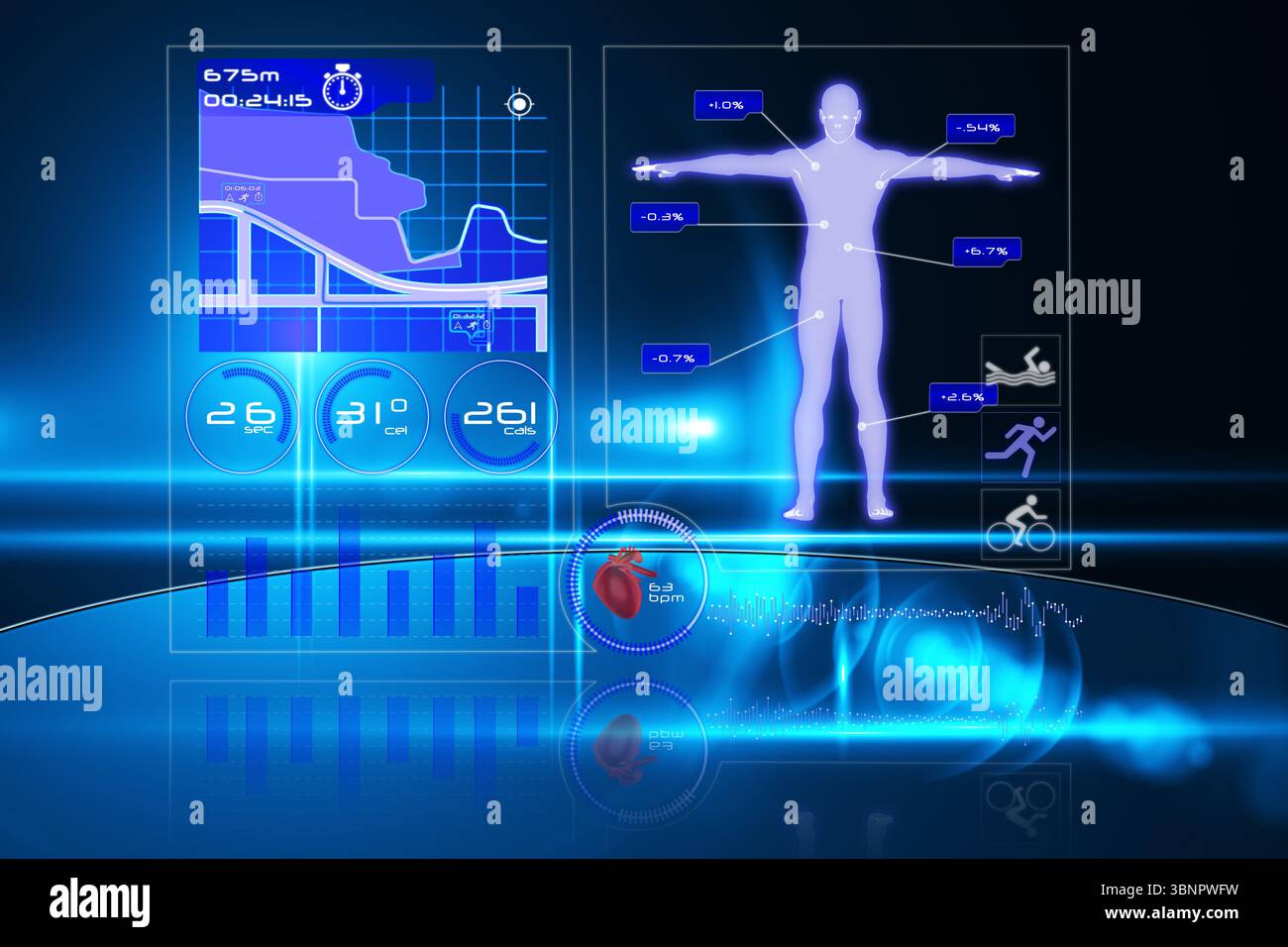Futuristic 3D blue HUD is showing elevation graph, metrics, heart-rate ...