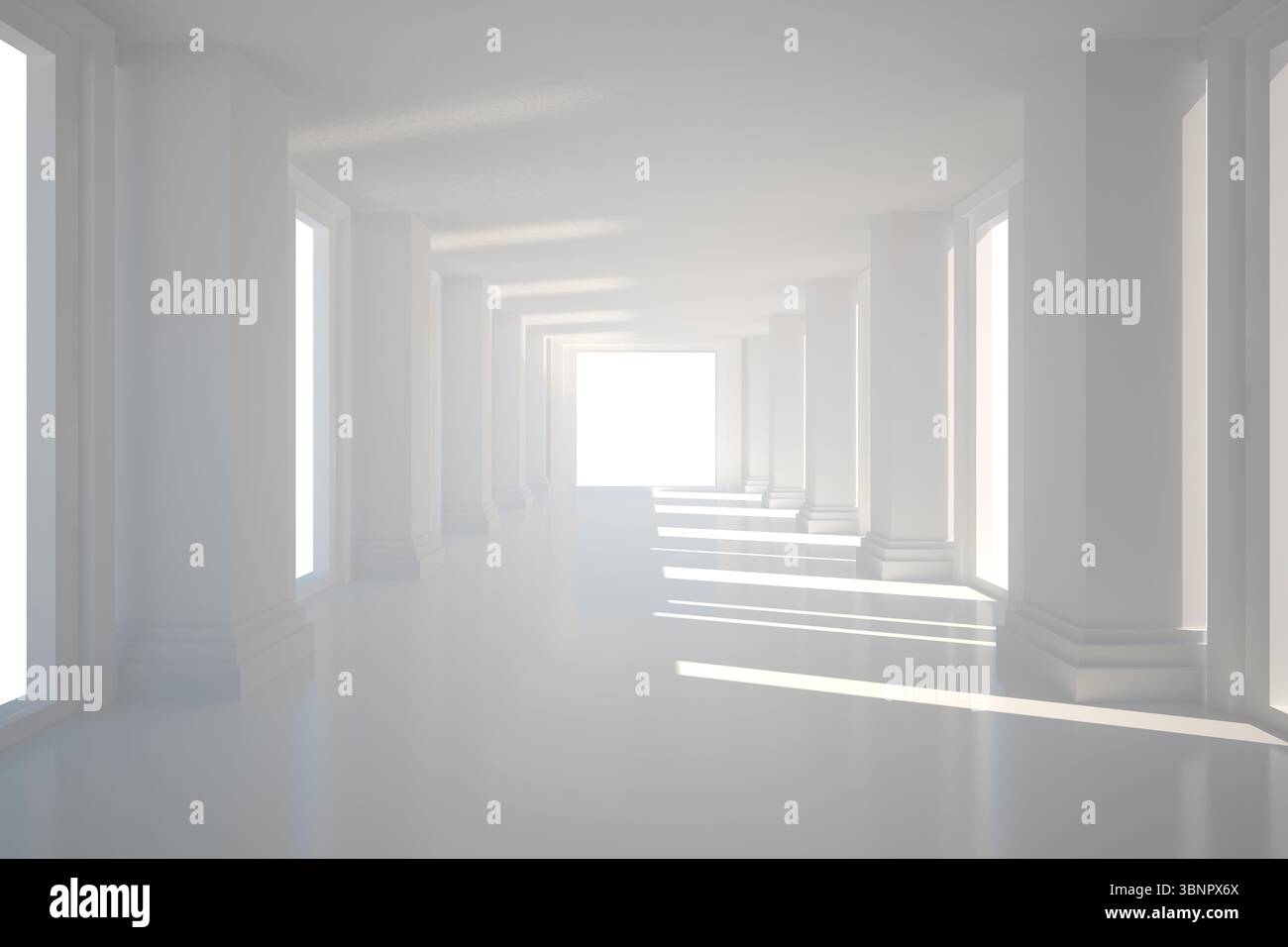 Flat minimalist illustration showing bright corridor with square ...