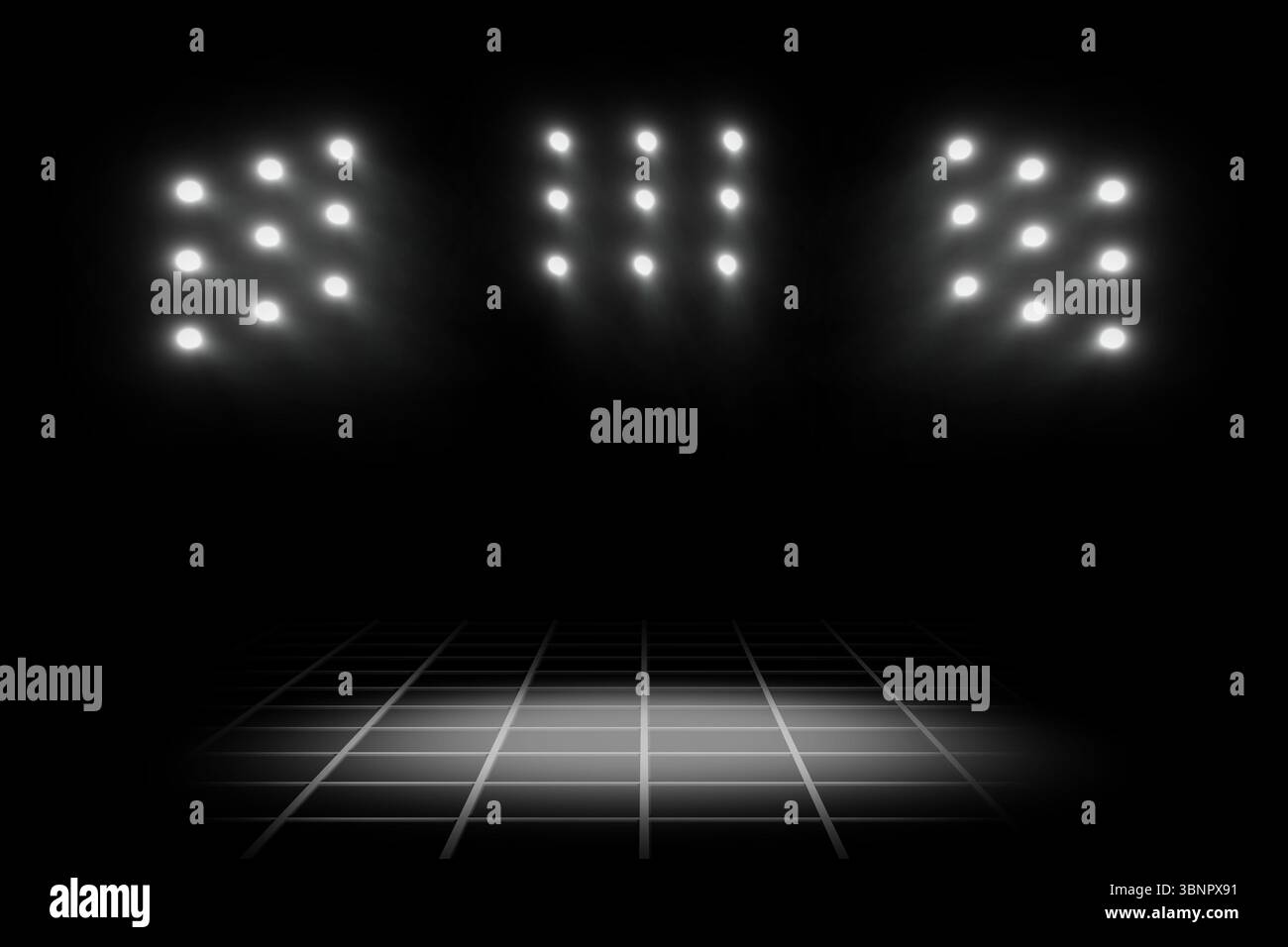 Flat style showing three spotlight clusters casting beams onto glowing ...