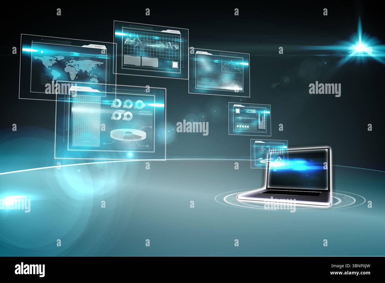 3D render laptop is floating on glowing platform with holographic world ...