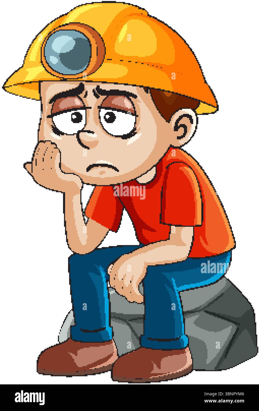 Vector illustration of a sad miner sitting on a rock, wearing an orange ...